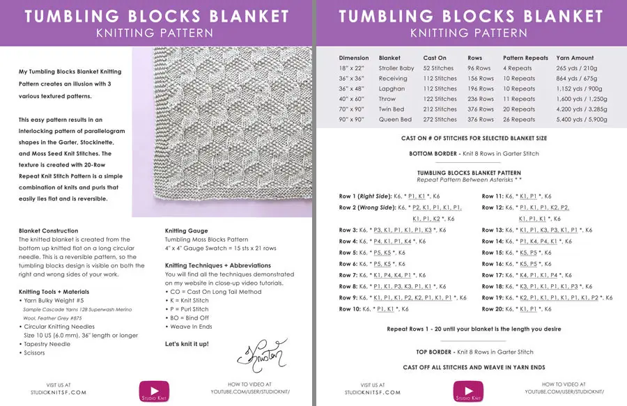Knitted Blanket in Tumbling Blocks Pattern - Studio Knit