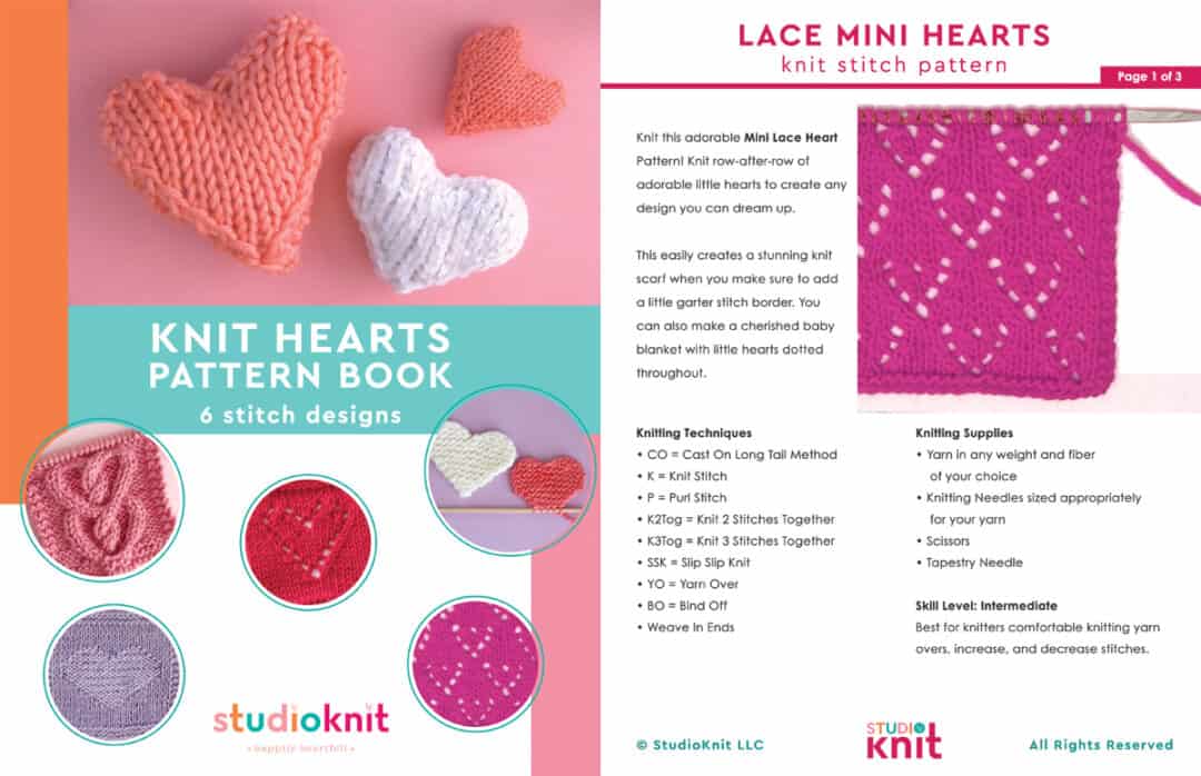 Mini Lace Heart Stitch Knitting Pattern - Studio Knit